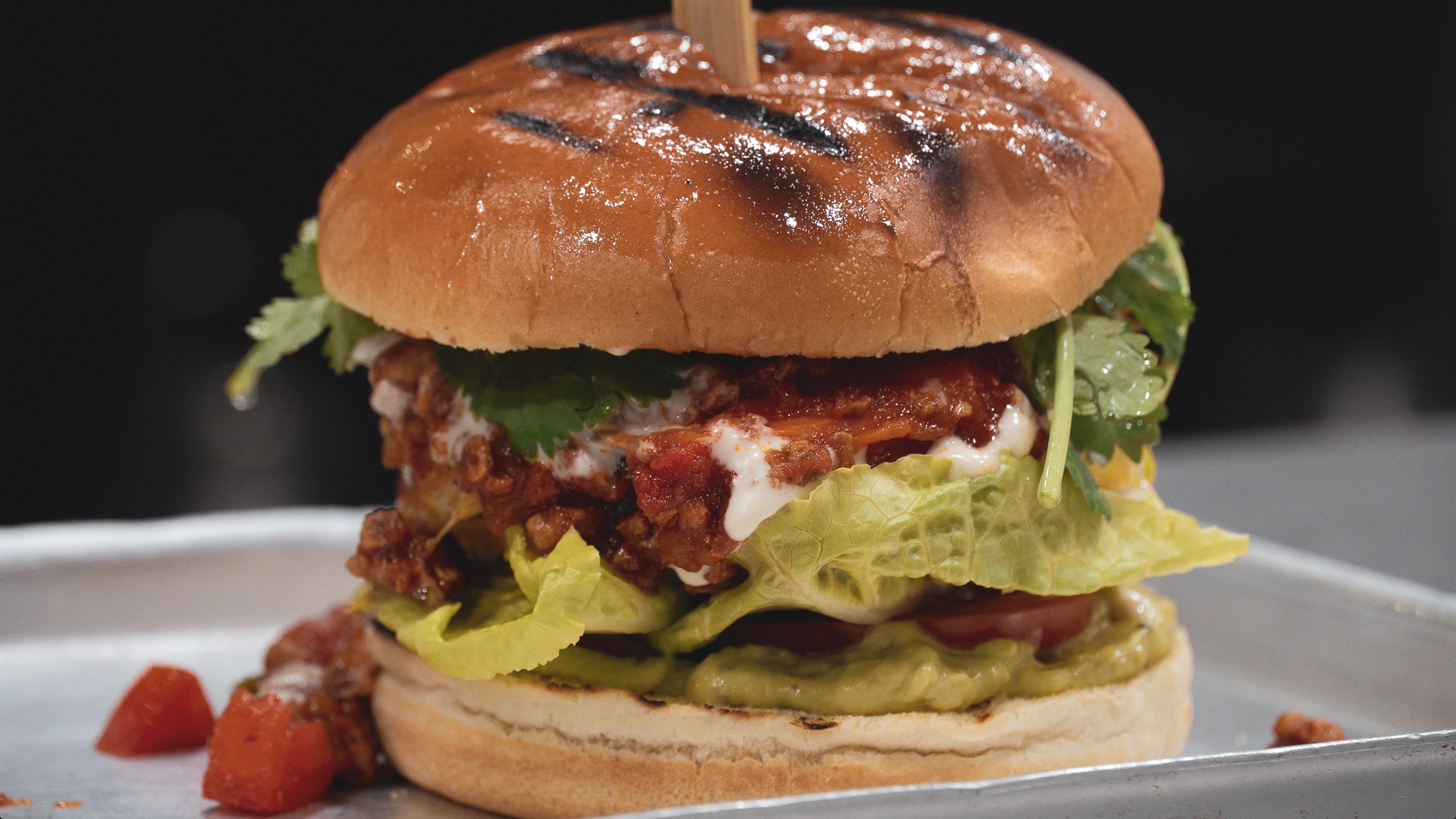 Sloppy Joe chilli burger with melted cheddar style cheese & garlic mayo ...