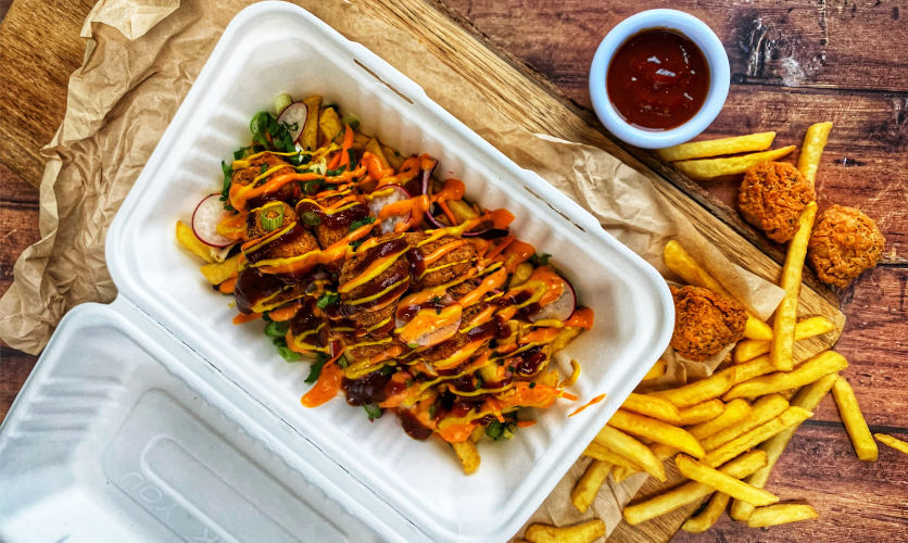 Vegan dirty loaded popcorn 'chicken' and fries recipe - Bidfood