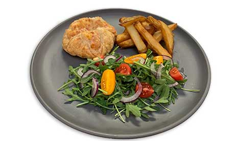 Quorn vegan ham and cheeze basket with a side salad and chips - Bidfood