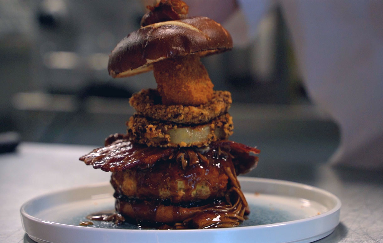 Festive turkey burger with smoked pulled turkey, crispy camembert and ...