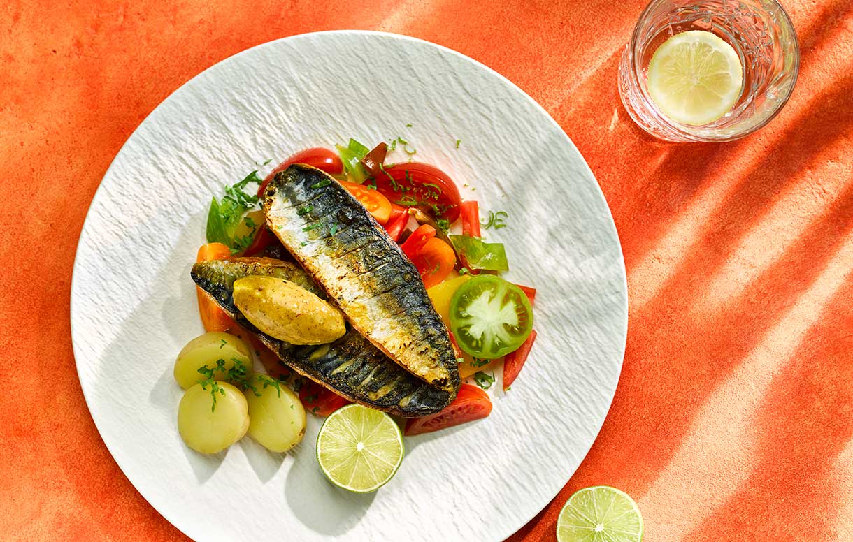 Fire-roasted mackerel fillets with a quenelle lime leaf and lemongrass ...