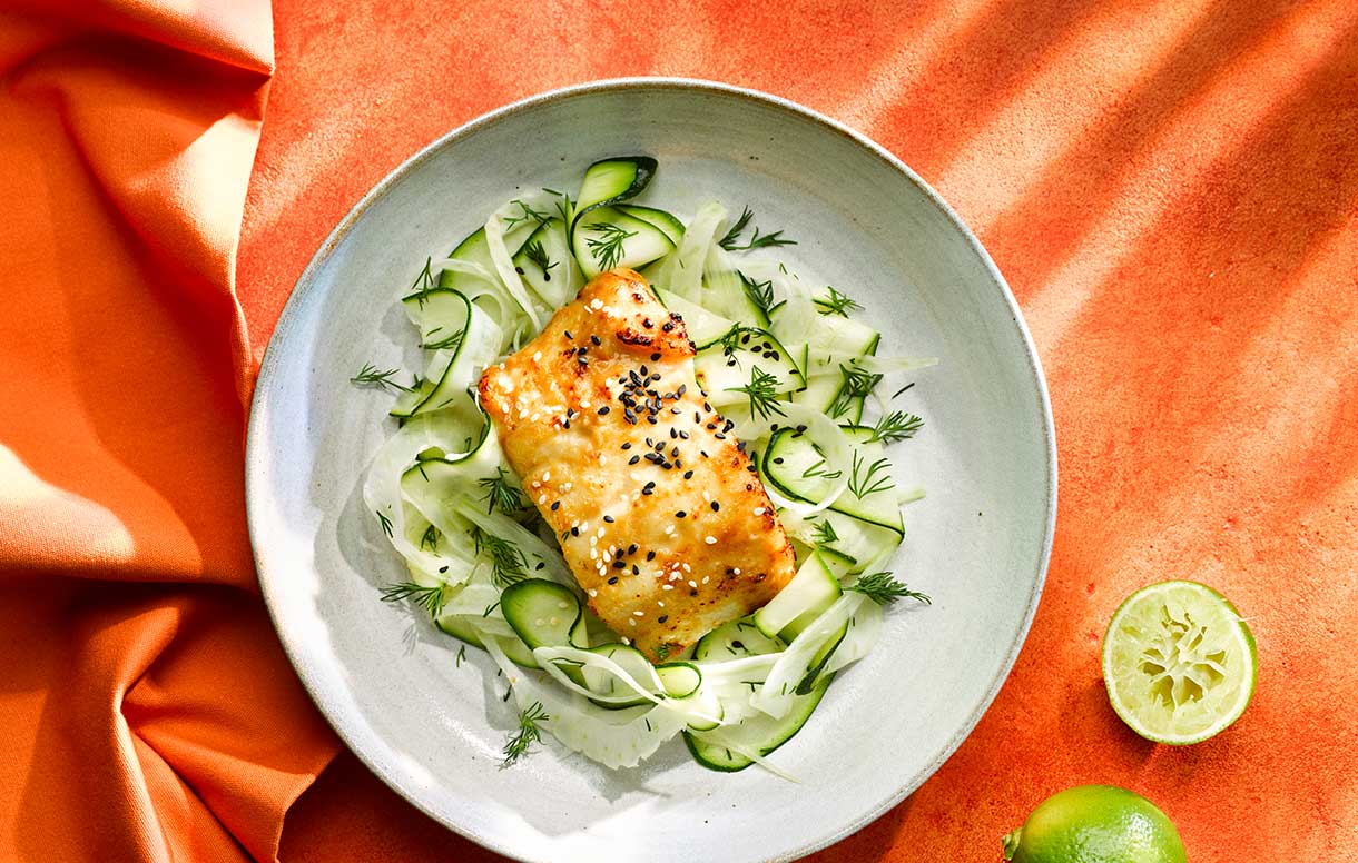 Miso glazed hake served with fennel, courgette and dill salad - Bidfood