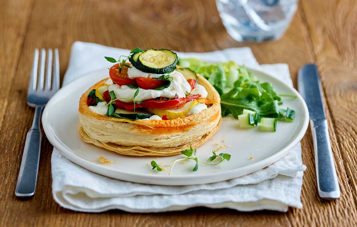 Philly roast pepper, courgette, harissa and basil puff pastry tart ...