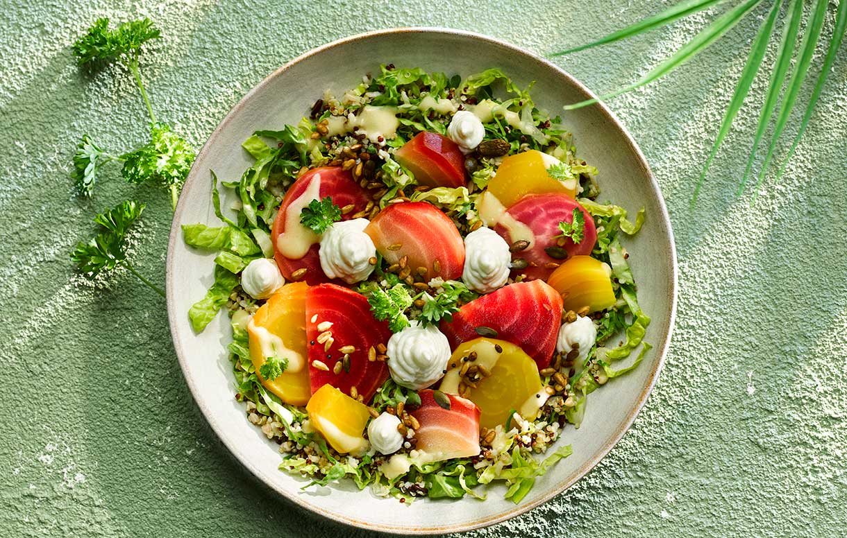 Roasted and pickled mixed beetroot salad with whipped goats cheese ...
