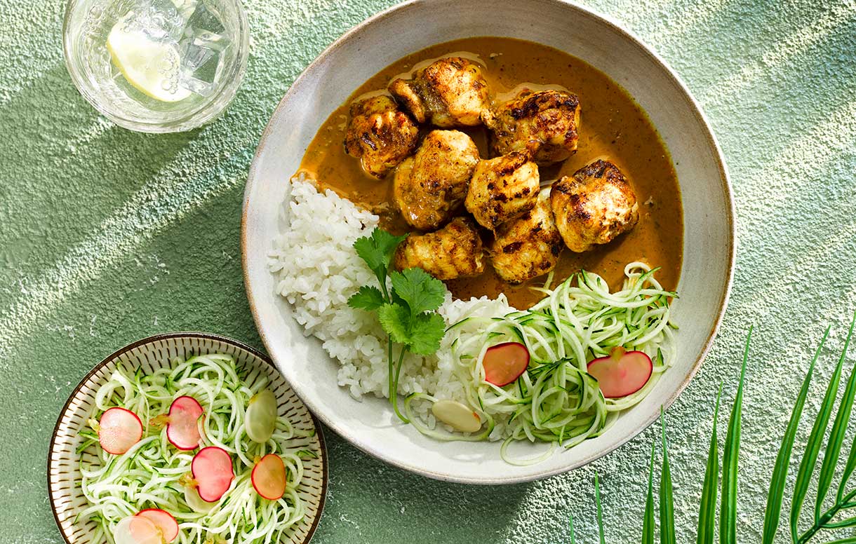 Spiced monkfish with creamy coconut Sri Lankan broth, courgette noodles ...